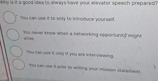 Solved: Why is it a good idea to always have your elevator speech ...
