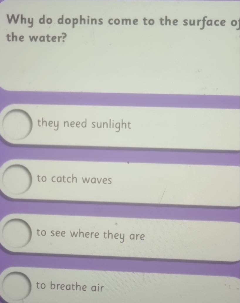 Resuelto:Why do dophins come to the surface of the water? they need ...