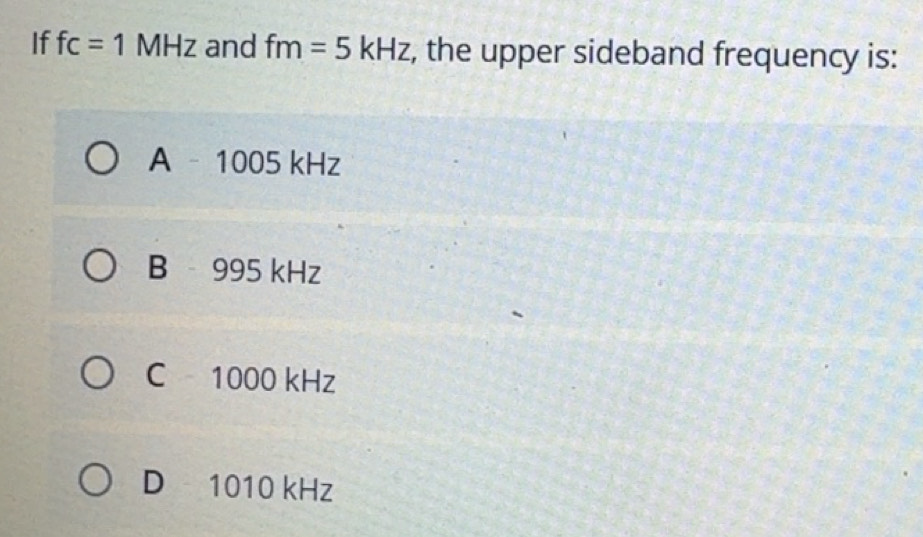Solved: If fc=1MHz and fm=5kHz , the upper sideband frequency is: A ...