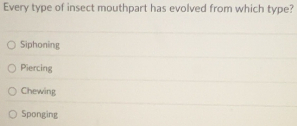 Solved: Every type of insect mouthpart has evolved from which type ...