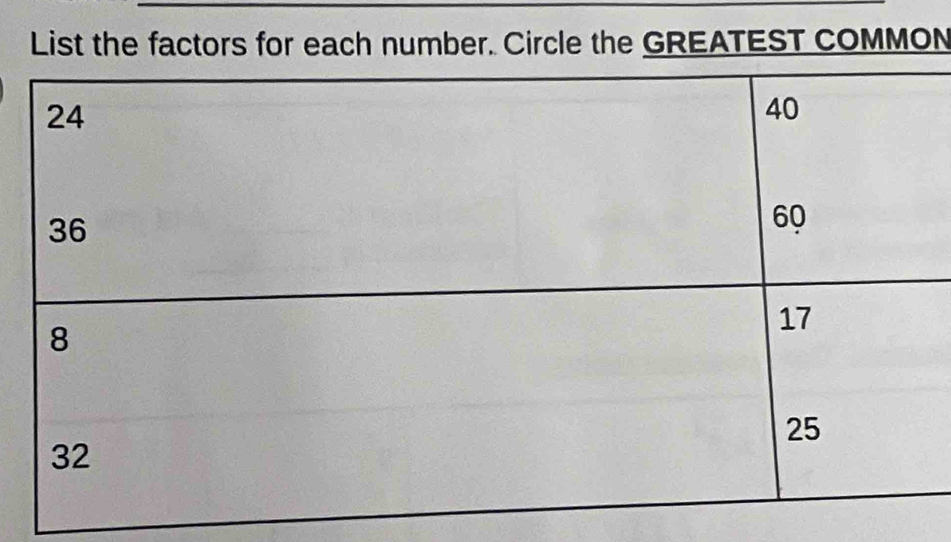 Solved: List the factors for each number. Circle the GREATEST COMMON [Math]