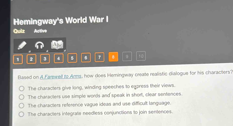 Solved: Hemingway's World War I Quiz Active Abc 1 2 3 4 5 6 7 8 9 10 ...