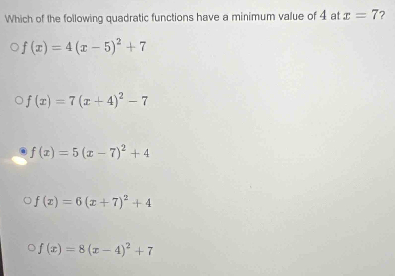 Solved: Which of the following quadratic functions have a minimum value ...