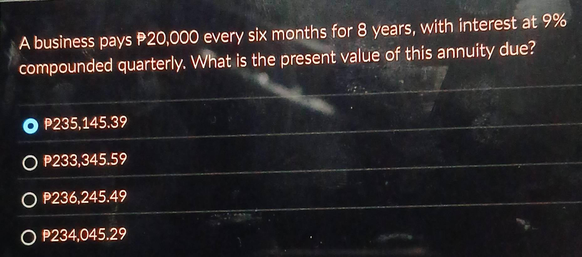 Solved: A business pays P20,000 every six months for 8 years, with ...