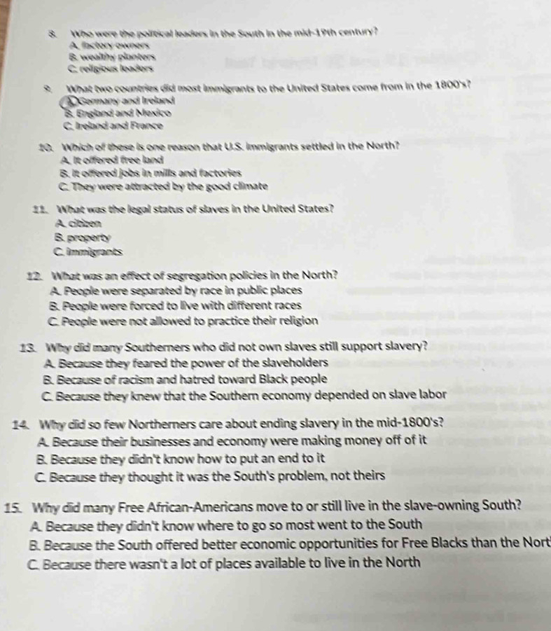 Who were the political leaders in the South in the mid-19th century? A ...