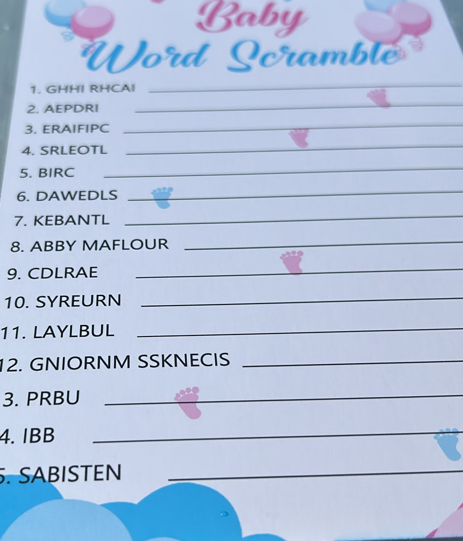 Solved: Baby Word Scramble 1. GHHI RHCAI _ 2. AEPDRI _ 3. ERAIFIPC _ 4 ...