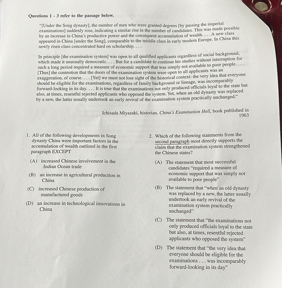 Solved: refer to the passage below. “[Under the Song dynasty], the ...