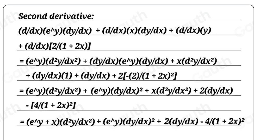 Selesai:First derivative. e^y dy/dx +x dy/dx +y+ 2/1+2x H How? Second ...