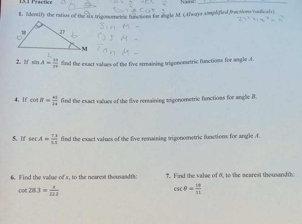 Solved: 13.1 Practice Name:_ 1. Identify the ratios of the six ...