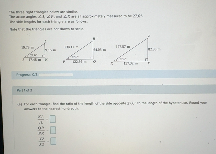 Solved: The three right triangles below are similar. The acute angles ∠ ...
