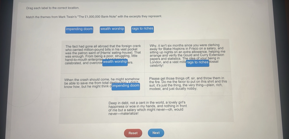 Drag each label to the correct location. Match the themes from Mark ...