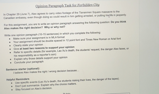 Solved: Opinion Paragraph Task for Forbidden City In Chapter 29 (June 7 ...