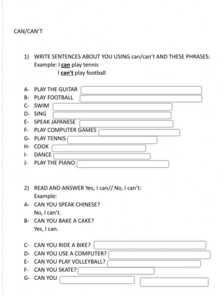 Resuelto:CAN/CAN’T 1) WRITE SENTENCES ABOUT YOU USING can/can’t AND ...