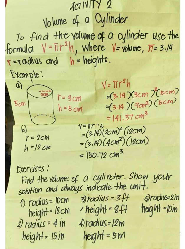 Solved: ACTINITY 2 Volume of a Cylinder To find the volume of a ...
