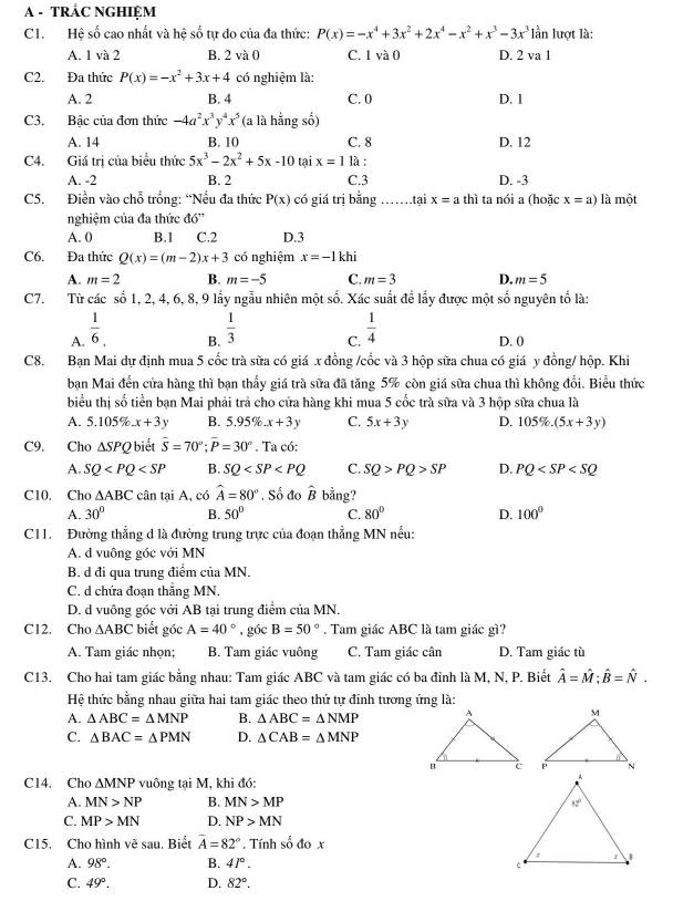 Giải quyết:A - TRÁC NGHIỆM C1. Hệ số cao nhất và hệ số tự do của đa ...