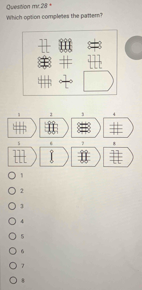 Solved: Question mr.28 * Which option completes the pattern? 1 3 4 5 6 ...