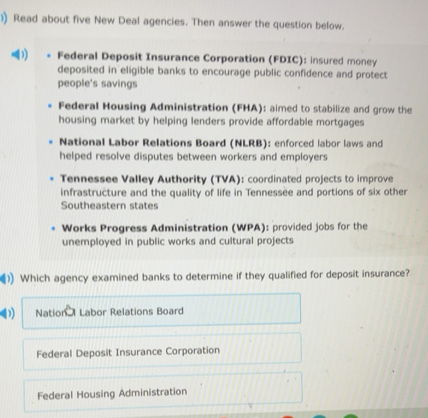 Solved: )) Read about five New Deal agencies. Then answer the question ...