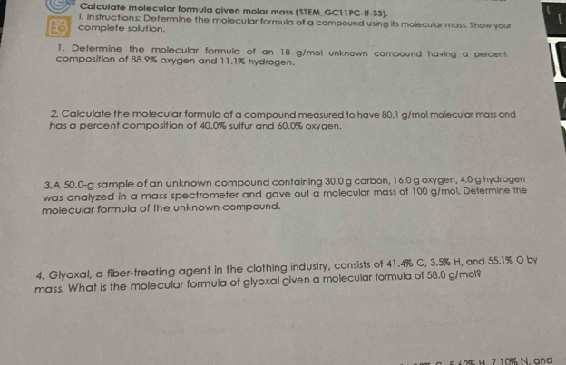 Solved: Calculate molecular formula given molar mass (STEM_GC11PC-If-33 ...