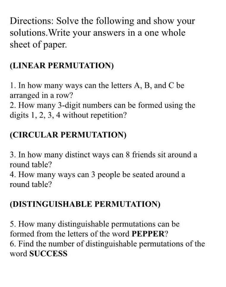 Solved: Directions: Solve the following and show your solutions.Write your answers in a one ...