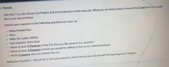 Solved: Details This Part 1 to your Dream Car Project and an ...