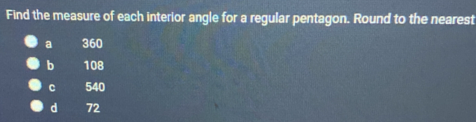 Solved: Find the measure of each interior angle for a regular pentagon ...