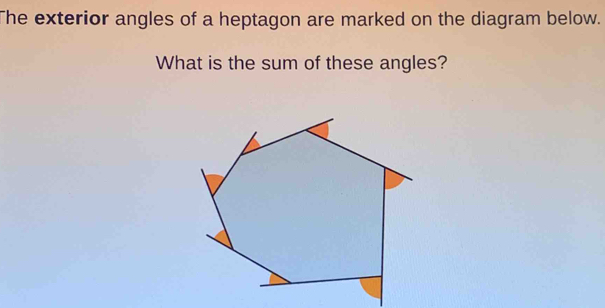 Solved: The exterior angles of a heptagon are marked on the diagram below. What is the sum of ...