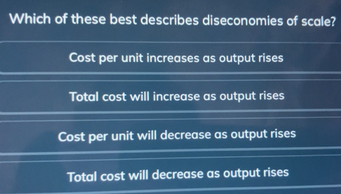 Solved: Which of these best describes diseconomies of scale? Cost per ...