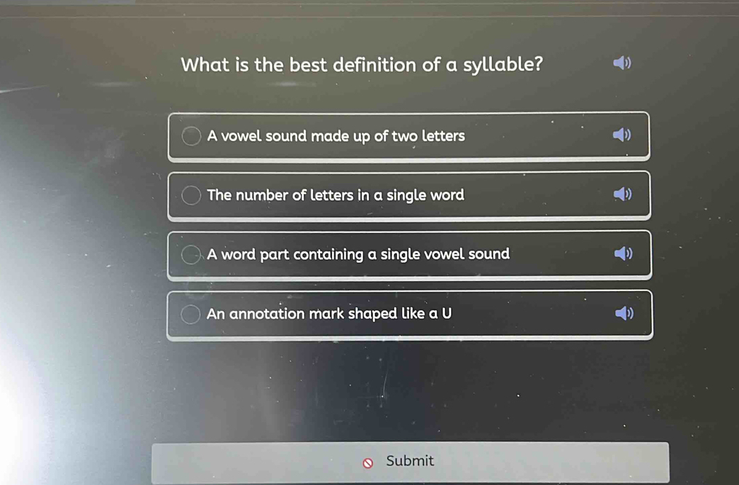 Solved: What is the best definition of a syllable? A vowel sound made ...