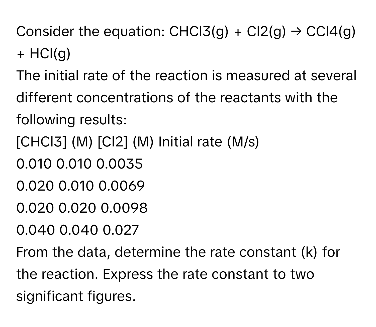Solved: Consider the equation: CHCl3(g) + Cl2(g) → CCl4(g) + HCl(g) The initial rate of the ...