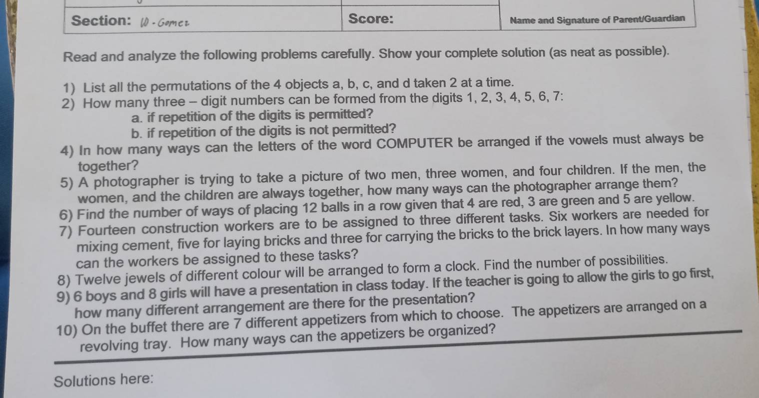 Solved: Gomer Score: Name and Signature of Parent/Guardian Read and ...