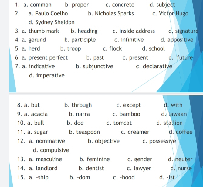 Nalutas:a. common b. proper c. concrete d. subject 2. a. Paulo Coelho b ...