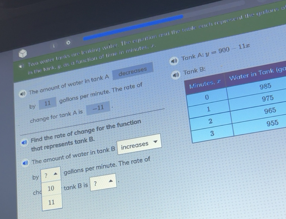 Solved: Two water tanks are leaking water. The equation and the table ...