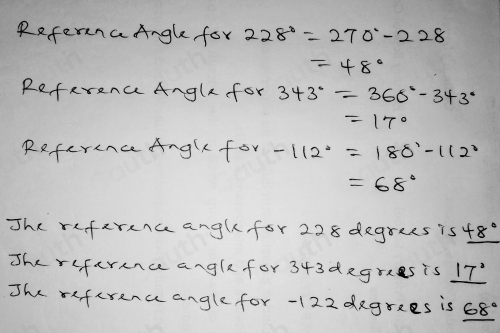 Solved: The reference angle of 228 degrees is Preview degrees. The ...