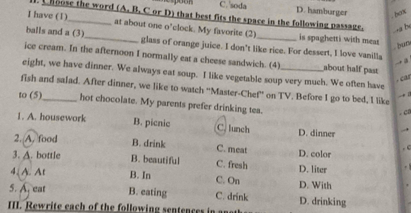 Giải quyết:espoón C. 'soda D. hamburger box . Choose the word (A. B, C ...