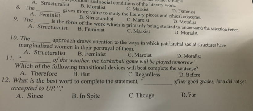 Solved: cader crtque pontical and social conditions of the literary ...