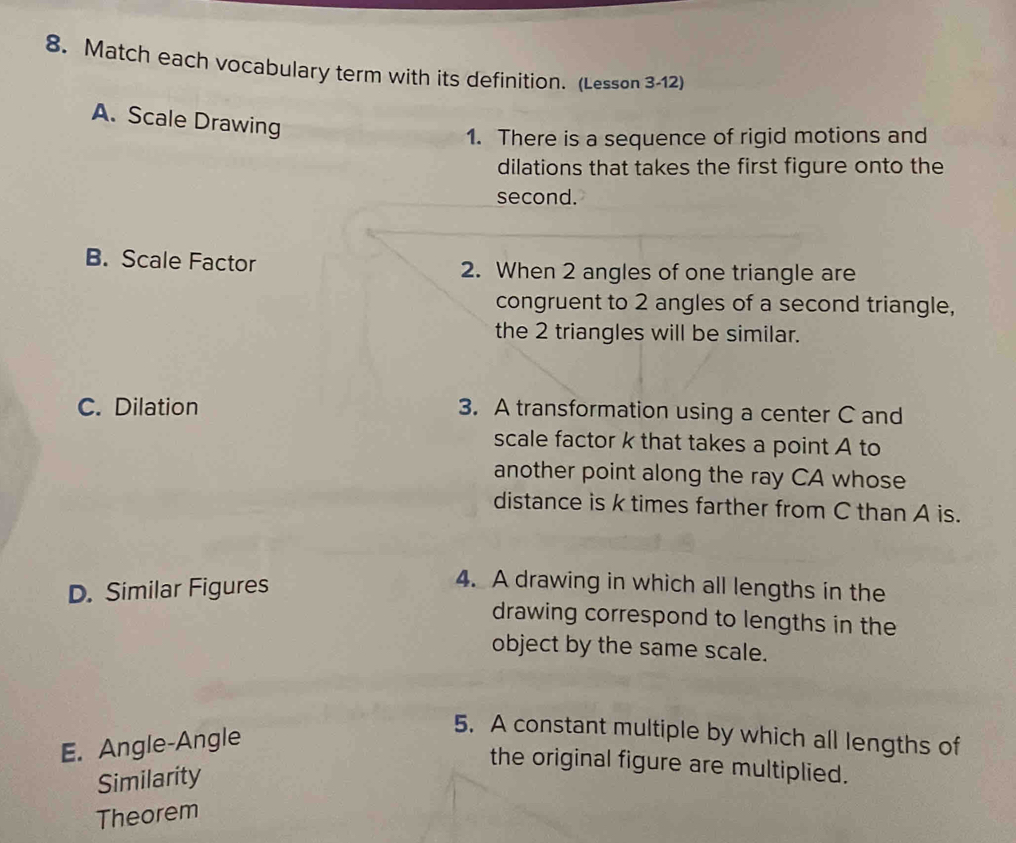 Solved: Match each vocabulary term with its definition. (Lesson 3-12) A ...