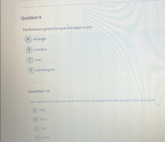 Solved: The flowchart symbol for input and output is a(r A rectangle B ...