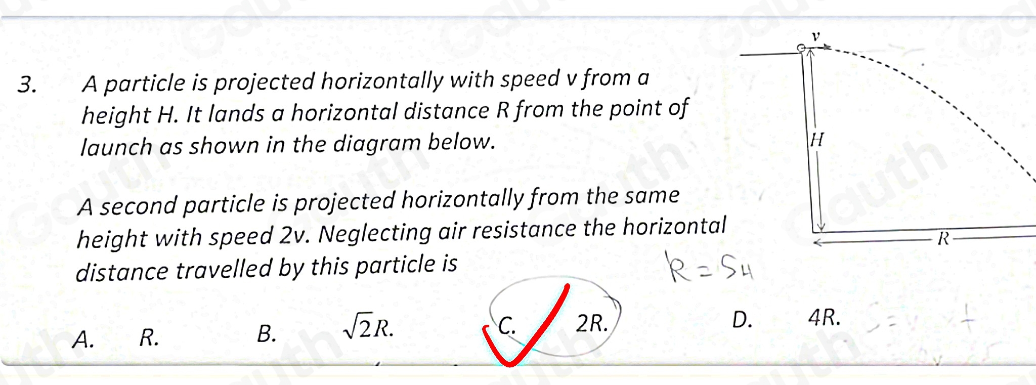 Solved: A particle is projected horizontally with speed v from a height H. It lands a horizontal ...
