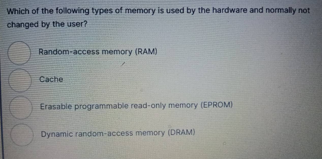 Solved: Which of the following types of memory is used by the hardware and normally not changed ...