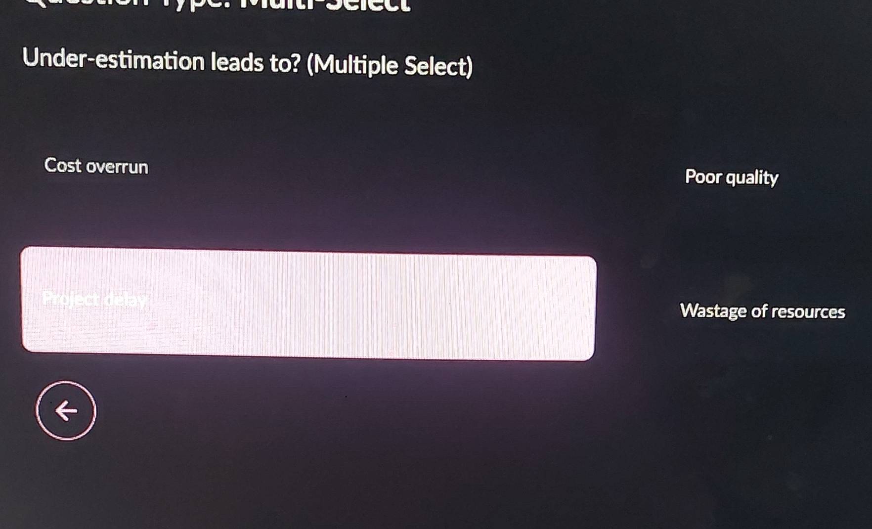 Solved: Under-estimation leads to? (Multiple Select) Cost overrun Poor quality Project delay ...