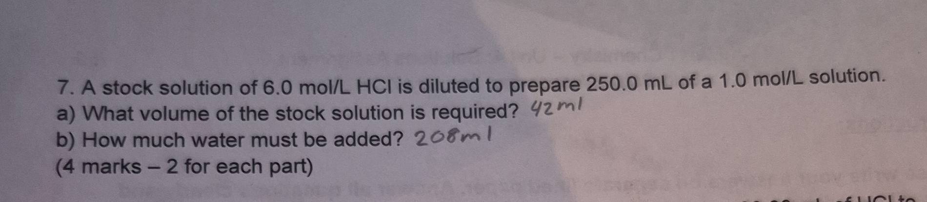 Solved: A stock solution of 6.0 mol/L HCI is diluted to prepare 250.0 ...