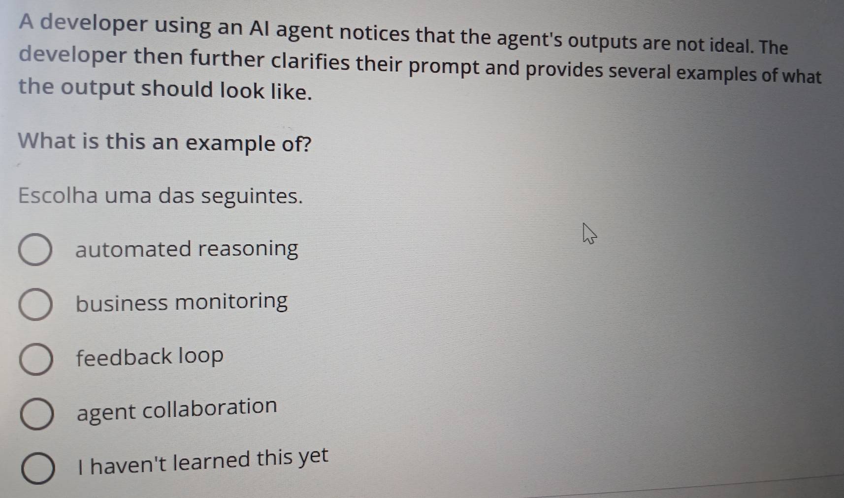Resolvido:A developer using an AI agent notices that the agent's ...