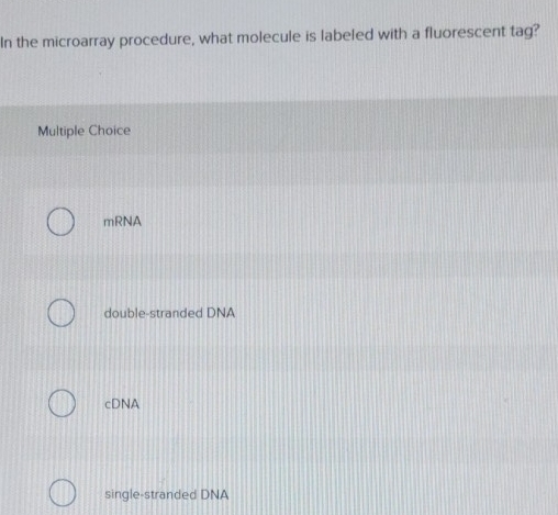 Solved: In the microarray procedure, what molecule is labeled with a fluorescent tag? Multiple ...