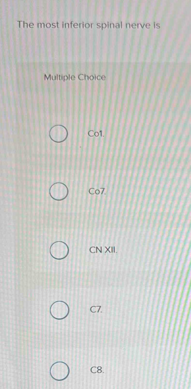 Solved: The most inferior spinal nerve is Multiple Choice Co1. Co7. CN ...