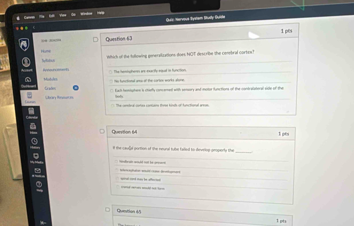 Solved: Canvas Wrindow Heir Vie Quiz: Nervous System Study Guide 1 pts ...