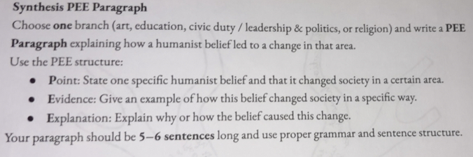 Solved: Synthesis PEE Paragraph Choose one branch (art, education ...