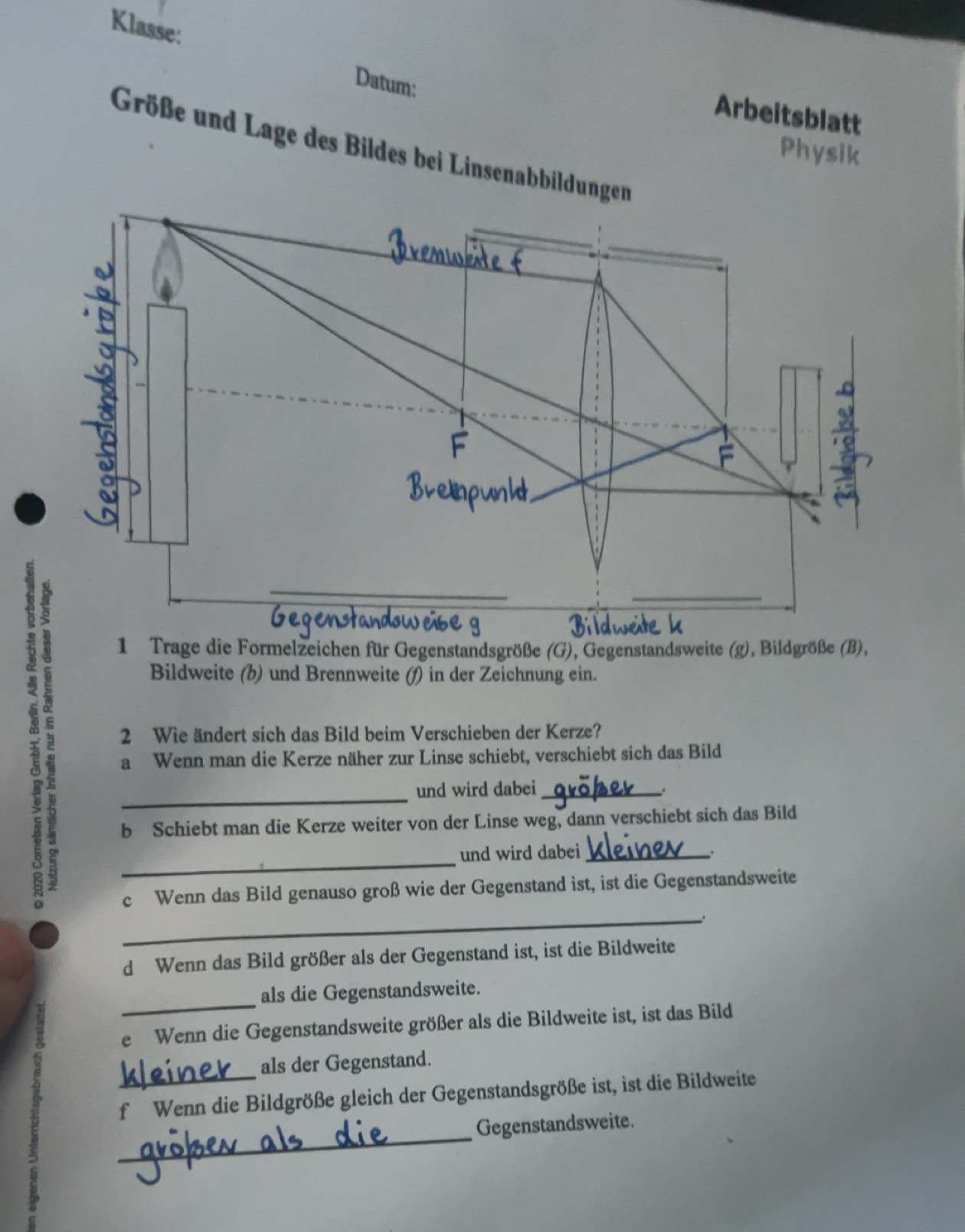 Gelöst:Klasse: Datum: Arbeitsblatt Größe und Lage des Bildes bei ...