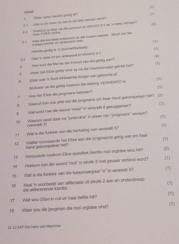 Solved: VIAE Waar speel hierdie gedig at? (1) (1) 2. 1 Wie is die heks ...