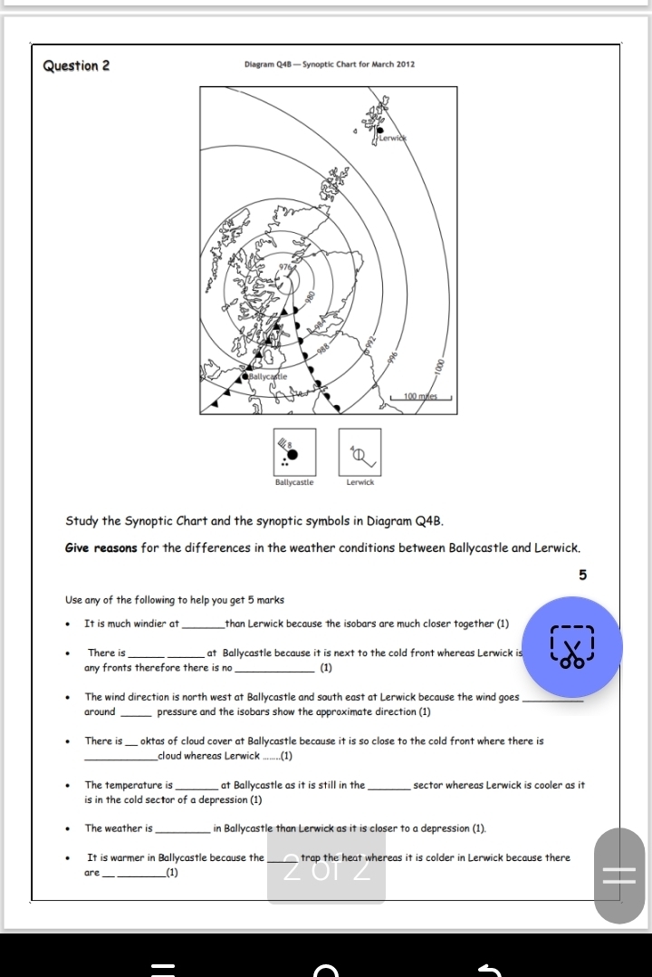 Solved: Diagram Q4B — Synoptic Chart for March 2012 Ballycastle Lerwick ...