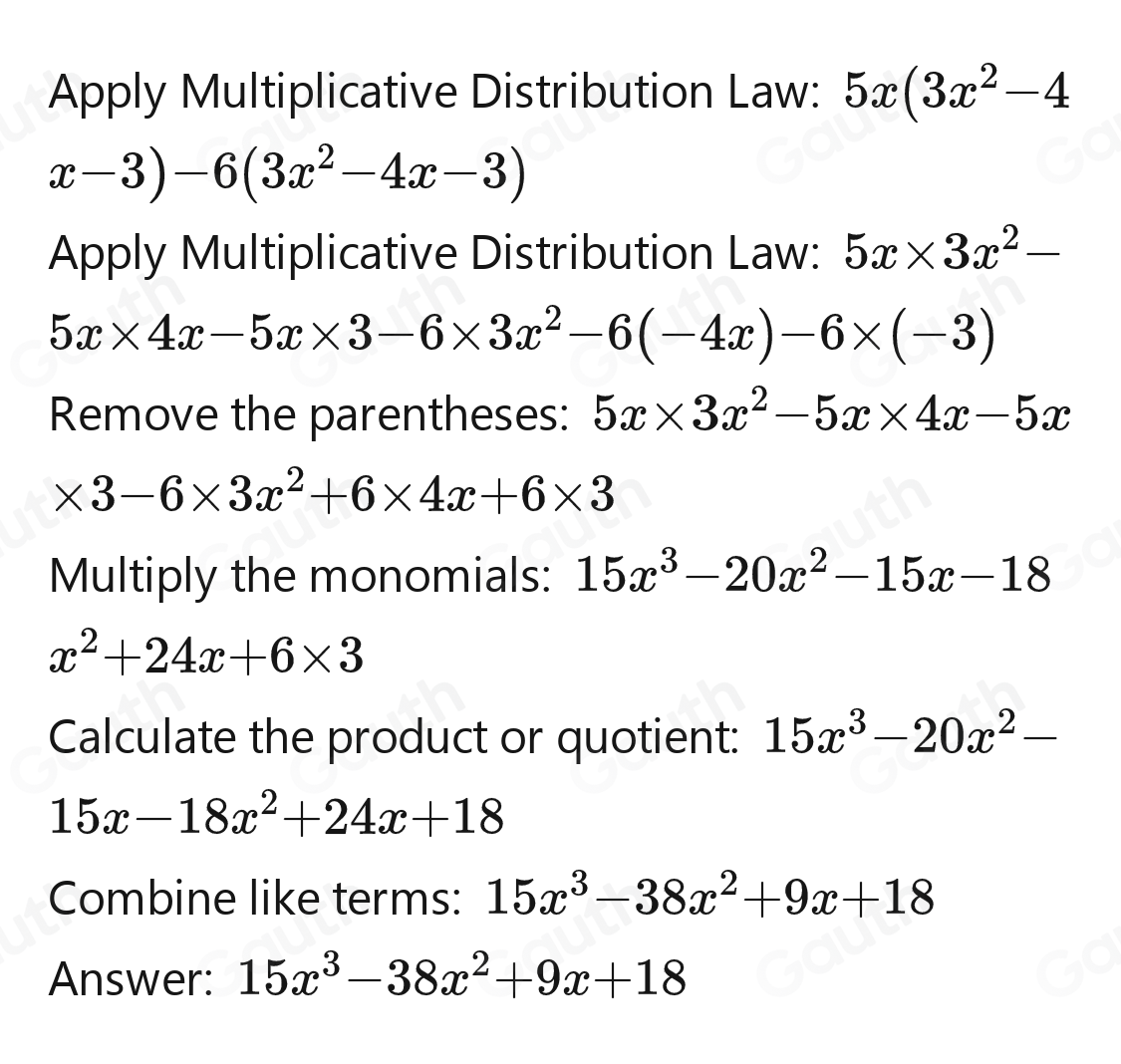 Solved: Choose the correct simplification of (5x-6)(3x^2-4x-3). (5 ...